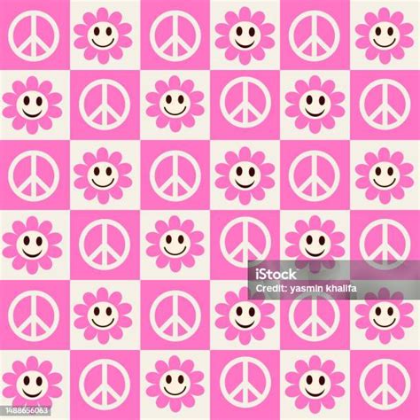 Checkered Pink Smiley Flowers And Peace Signs Seamless Pattern Stock