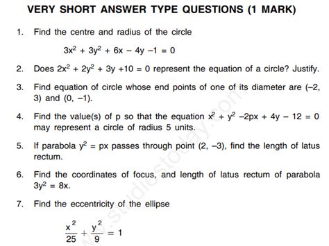 Cbse Class 11 Mathematics Conic Sections Assignment Set A