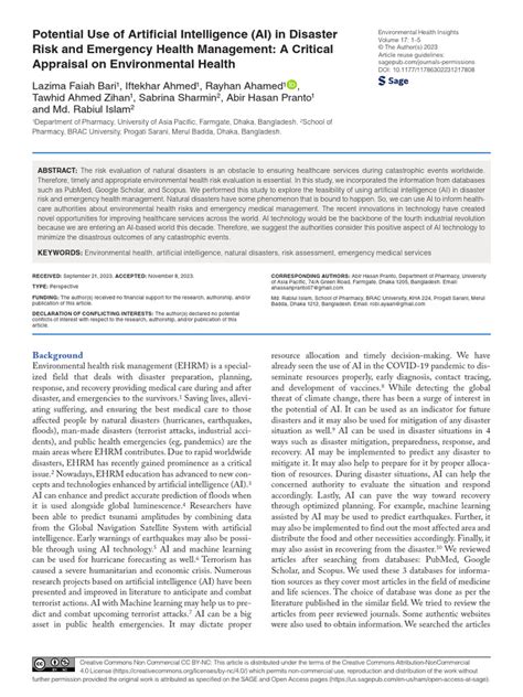 2023 Potential Use Of Artificial Intelligence Ai In Disaster Risk And Emergency Health
