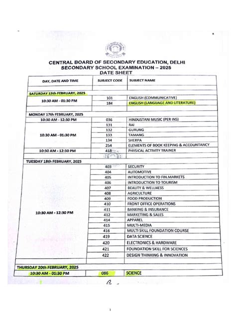Cbse Class X Final Date Sheet Pdf
