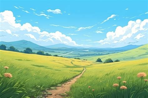 Hilly Grass Fields Landscape Grassland Premium Photo Illustration