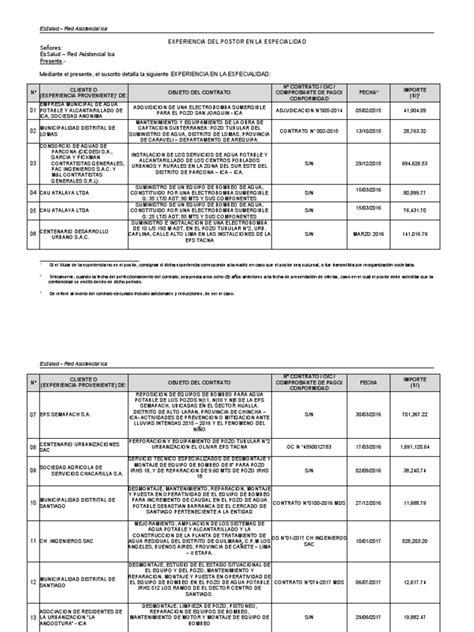 Experiencia Del Postor Servicios Pdf Hidrología Salud Pública