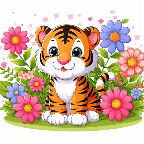 A Tiger In The Grass With Flowers And A Picture Of A Tiger Premium Ai