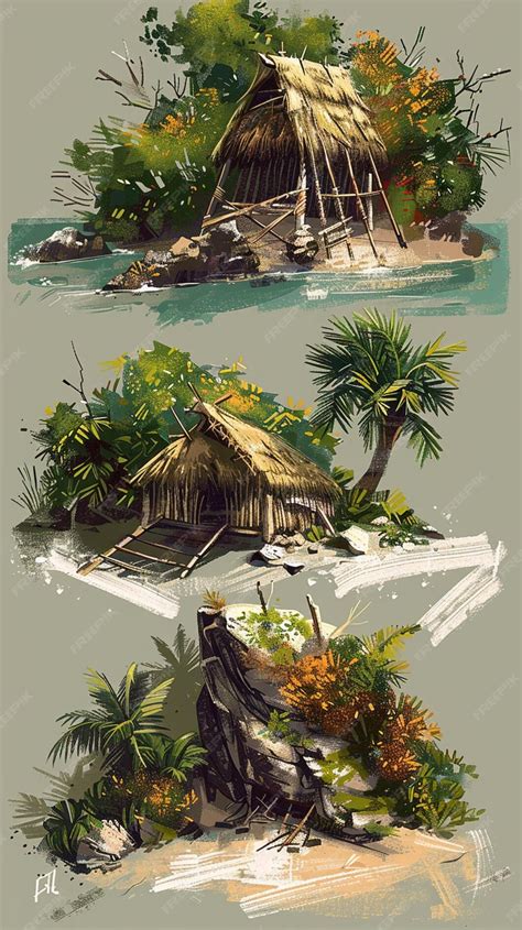 Premium Vector 2d Game Art Four Types Of Survival Shelters On Island