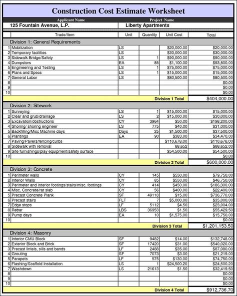Construction Cost Excel Template