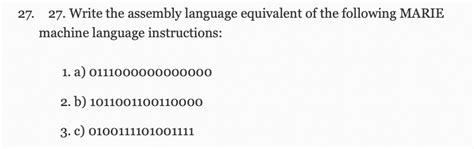 solved 27 27 write the assembly language equivalent of the
