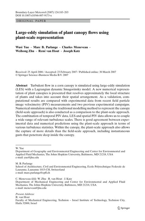 Pdf Large Eddy Simulation Of Plant Canopy Flows Using Plant Scale