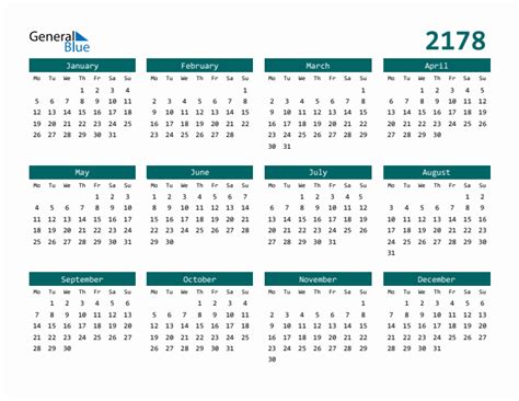 2178 Full Year Calendar With Monday Start