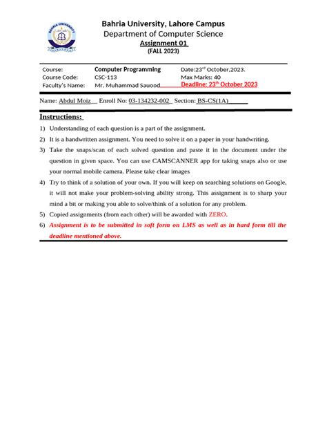03 134232 002 Abdul Moiz Computer Programming Assignment 1 Pdf
