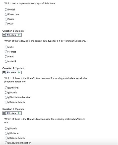 Solved Which Matrix Represents World Space Select One Chegg