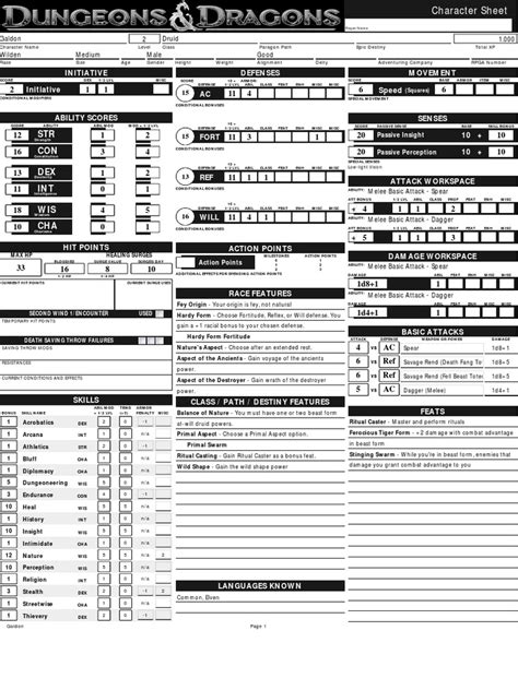 D D 4th Edition Character Sheet Form Fillable Printable Forms Free Online