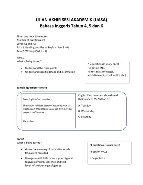 English Exam Paper For Years 4 6 A1a2 Level