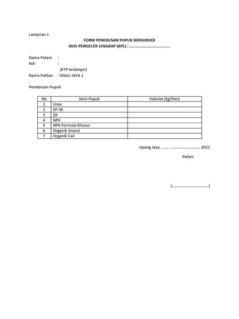 Lampiran 1 Form Penebusan Pupuk Subsidi Pdf