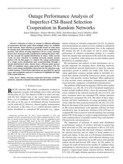 Pdf Outage Performance Analysis Of Imperfect Csi Based Selection Cooperation In Random Networks