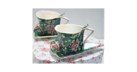Zöld Virágos Porcelán Csésze Aljjal Háromszögletű 250 Ml 2