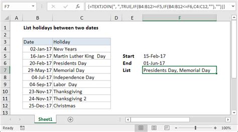 excel formula list holidays between two dates exceljet