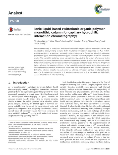 Pdf Ionic Liquid Based Zwitterionic Organic Polymer Monolithic Column