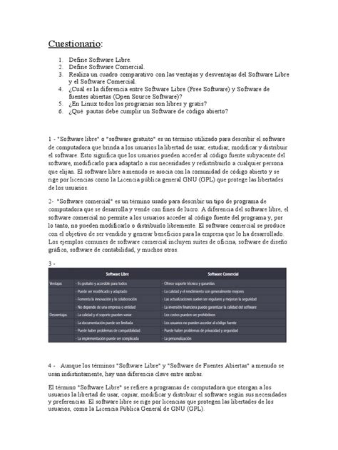 Cuestionario Software Libre Y Comercial Pdf Software Libre Fuente Abierta