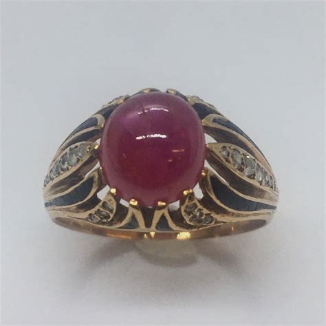 Victorian Circa 1880s Cabochon Natural Ruby Diamond R… Gem