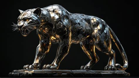 Sleek Metallic Panther Sculpture Posing Fiercely On A Dark Pedestal
