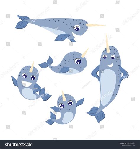 Cute Cartoon Narwhal Drawing Set Funny Stock Vector Royalty Free