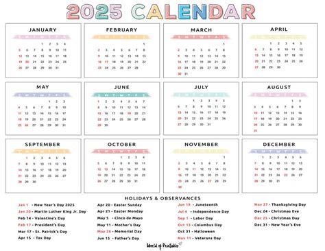 2025 Calendar With Holidays Free Printables In 28 Unique Styles World Of Printables