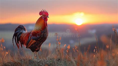 Majestic Rooster Crowing At Sunrise On A Serene Morning Stock