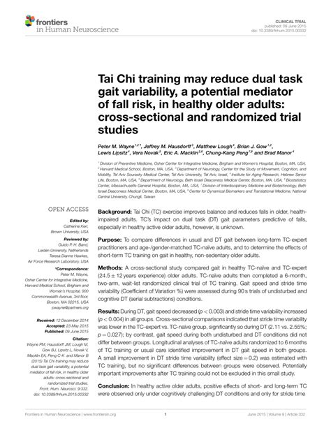 Pdf Tai Chi Training May Reduce Dual Task Gait Variability A