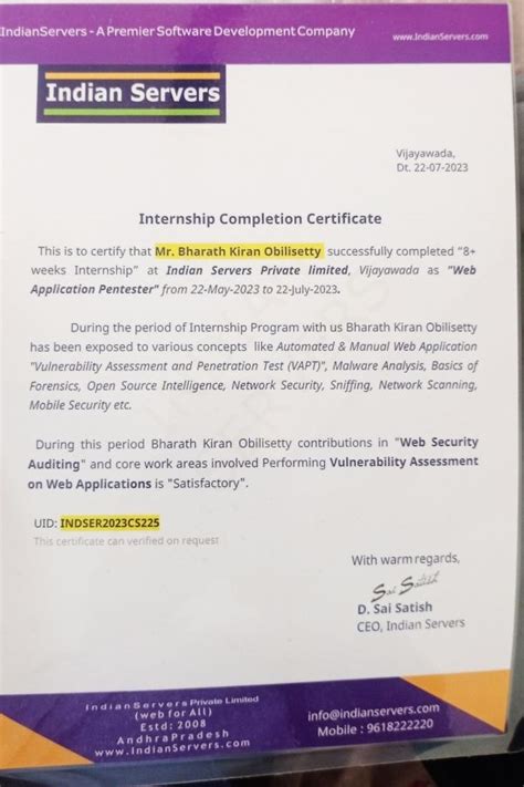 Cybersecurity Websecurity Vapt Internship Indianservers Bugbounty