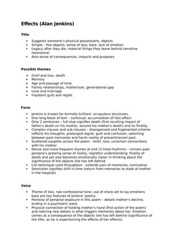 Effects Alan Jenkins Poem Analysis Teaching Resources