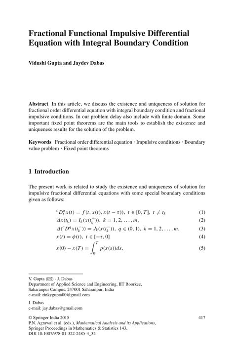 Pdf Fractional Functional Impulsive Differential Equation With Integral Boundary Condition