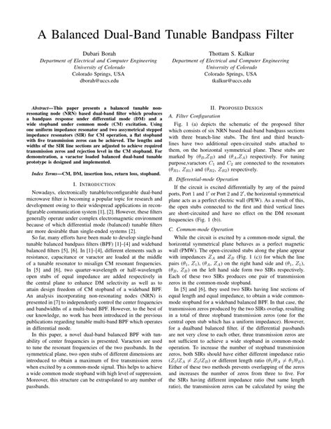 Pdf A Balanced Dual Band Tunable Bandpass Filter