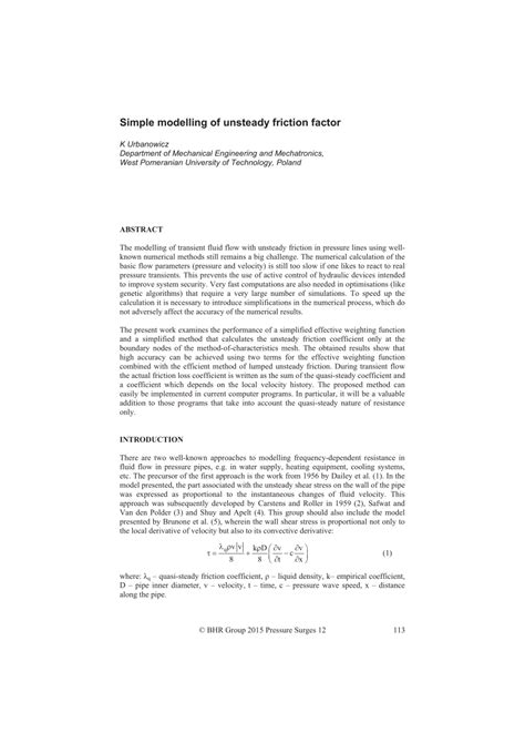 Pdf Simple Modelling Of Unsteady Friction Factor