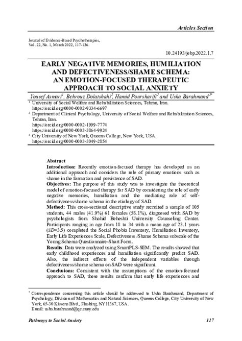 Pdf Early Negative Memories Humiliation And Defectivenessshame
