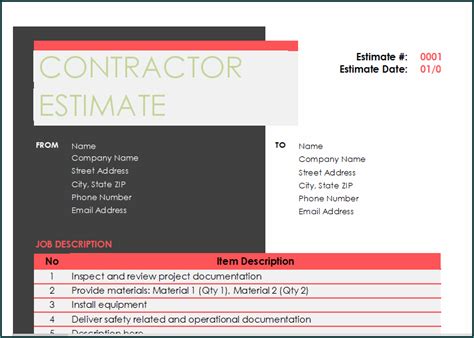 》free Printable Construction Estimate Form