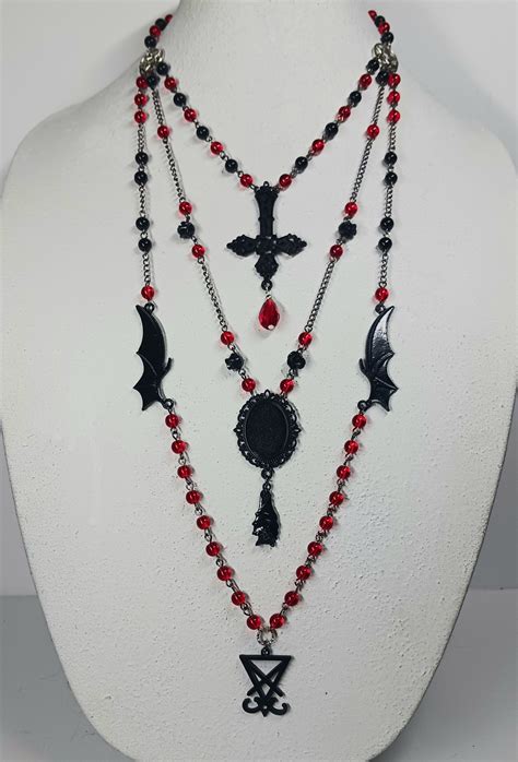 Portrait Pendant Layer Necklace Black Inverted Cross Lucifer Sigil Bat