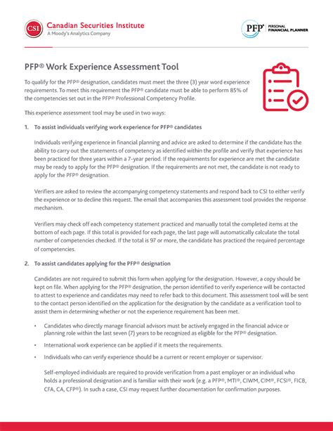 Pfp Work Experience Declaration Assessment Tool Pfp® Work Experience