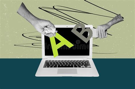 Creative Full Artwork Collage Of Hands Show Laptop Open Screen Device