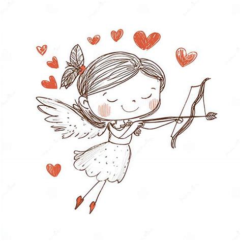 Flying Cupid Holding Bow And Aiming Or Shooting Arrow Hand Drawn With