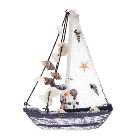 Spatiy Wood Sailboat Model Figurine Wooden Ship With Shells 3d