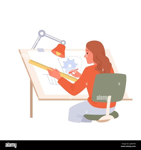 Engineer Drawing Engineering Plan On Paper With Pencil And Ruler