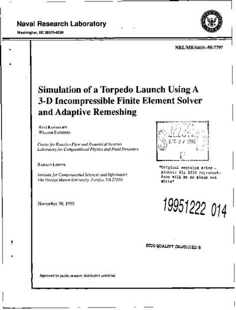 pdf simulation of a torpedo launch using a 3 d incompressible finite