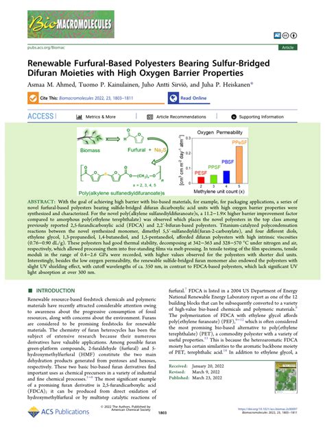 Pdf Renewable Furfural Based Polyesters Bearing Sulfur Bridged