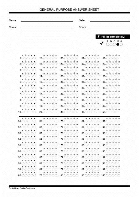 General Purpose Answer Sheet Template Download Printable Pdf