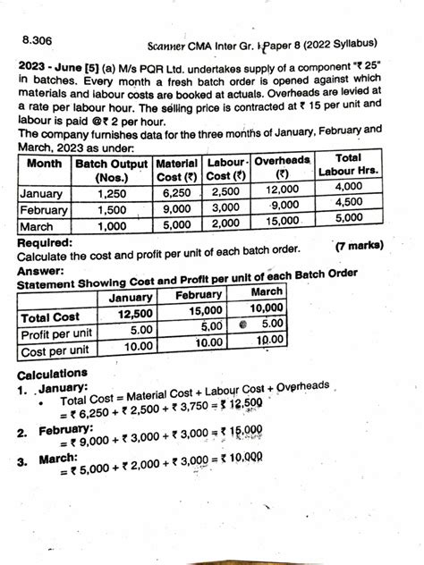 Job Costing And Batch Costing Cma Preparation Sheet Pdf