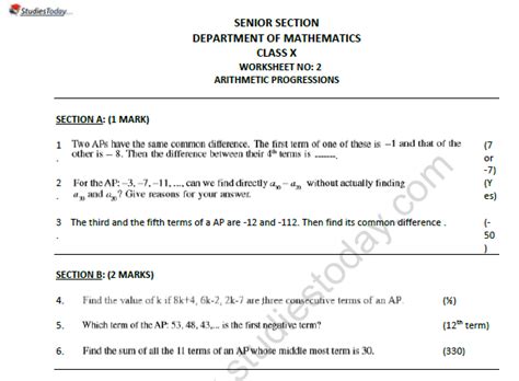 Cbse Class 10 Mathematics Arithmetic Progressions Worksheet Set B