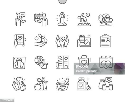 글로벌 건강 관리 잘 만들어진 픽셀 완벽한 벡터 얇은 라인 아이콘 30 웹 그래픽 및 응용 프로그램을위한 그리드 2x 간단한 최소한의 그림 의사에 대한 스톡 벡터 아트 및