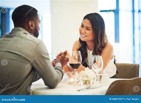 Wine Date And Interracial Couple Holding Hands For Fine Dining