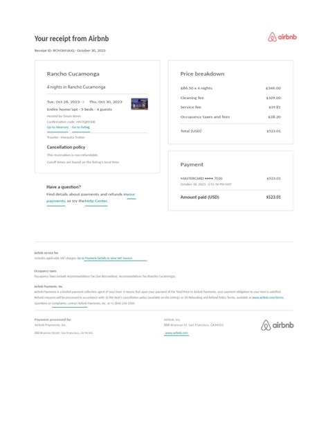 Airbnb Receipt For Rancho Cucamonga Stay Pdf Receipt Airbnb