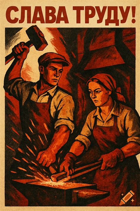 Soviet Style Propaganda Poster Of A Man And Woman Working At A